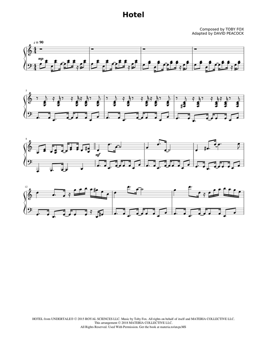 Hotel (UNDERTALE Complete Piano Sheet Music) Sheet music for Piano ...