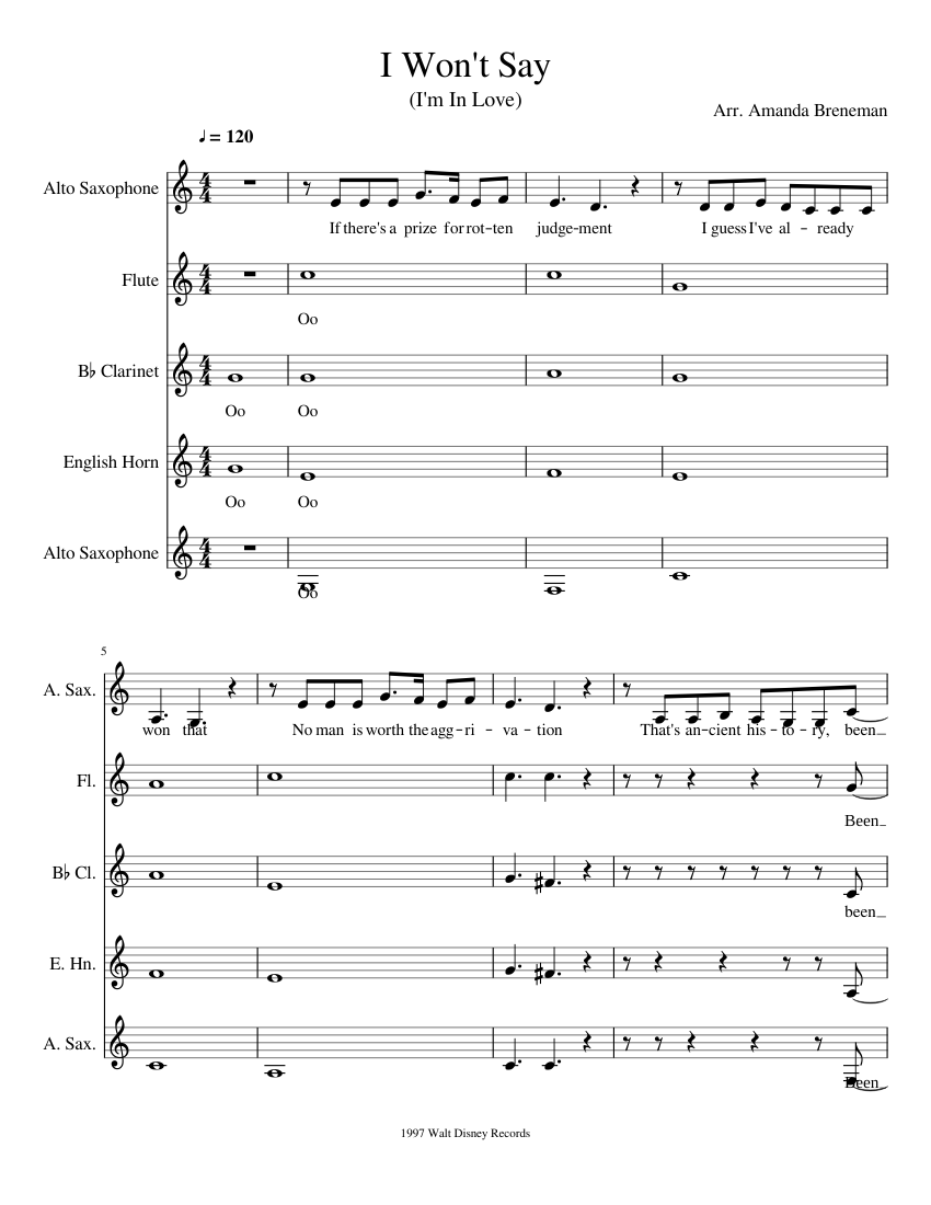 I Won't Say I'm In Love Acapella Sheet music for Flute, Oboe, Clarinet ...