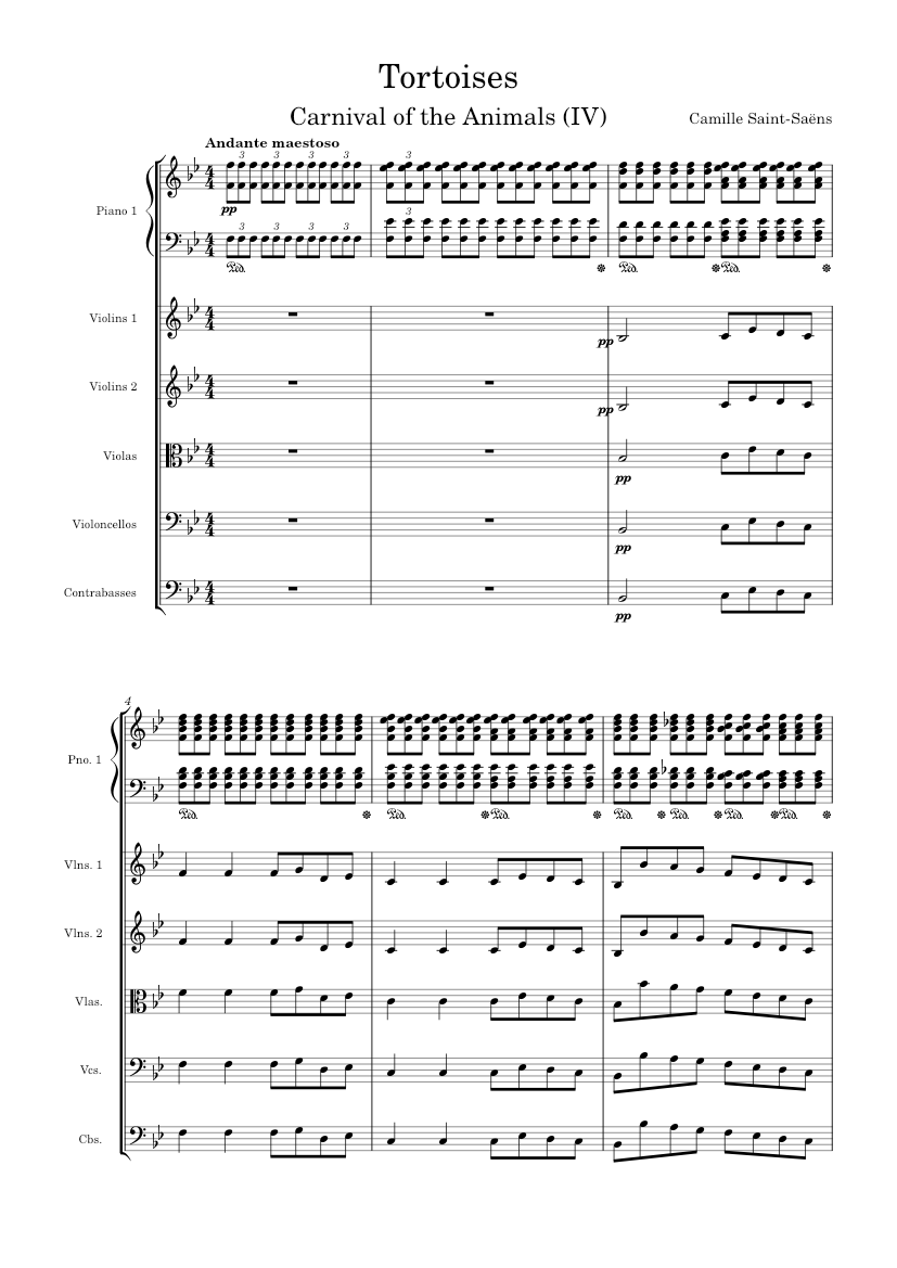 Tortoises, Carnival of the Animals (4th Movement), by Camille Saint-Saëns Sheet Music for Piano ...