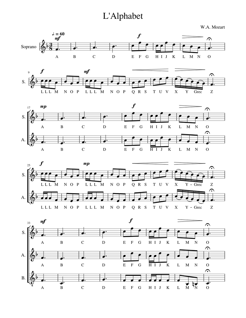 Chorale L'Alphabet (Mozart) Sheet music for Bass guitar (Solo ...