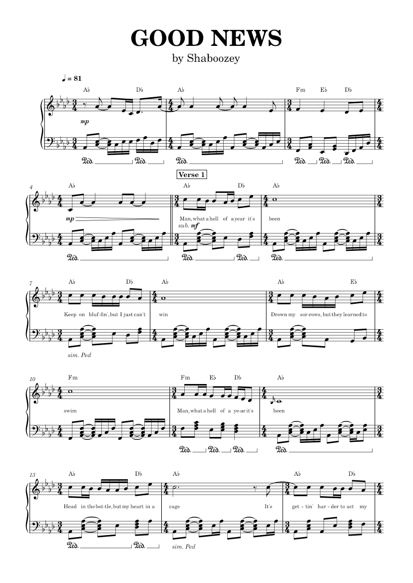 Play Official version of Good News Sheet Music by Shaboozey for Piano ...
