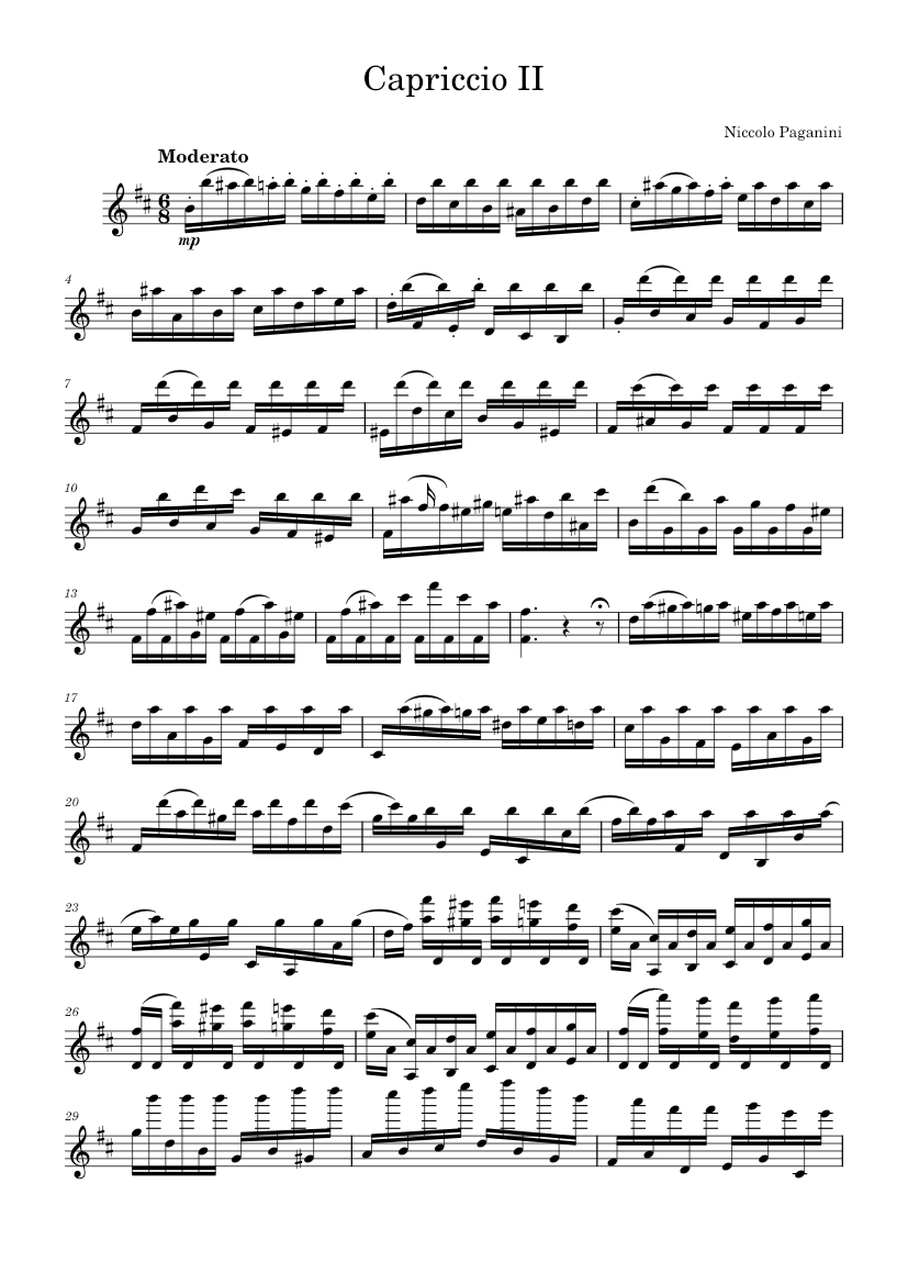 Paganini Caprice No. 2 in B Minor 'Moderato' – Niccolò Paganini Sheet ...
