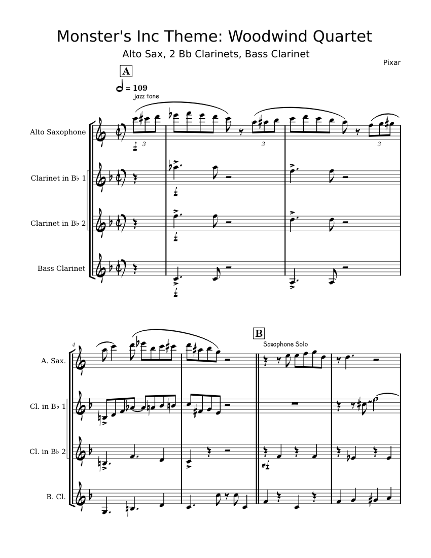 Monster's Inc Theme: Woodwind Quartet Sheet Music for Saxophone alto ...