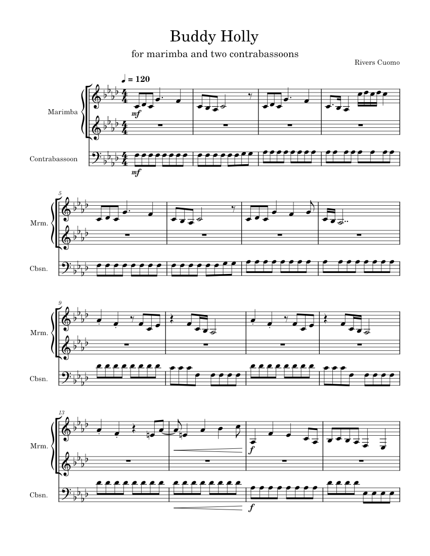 Buddy Holly – Weezer Sheet Music for Bassoon, Marimba (Mixed Duet ...