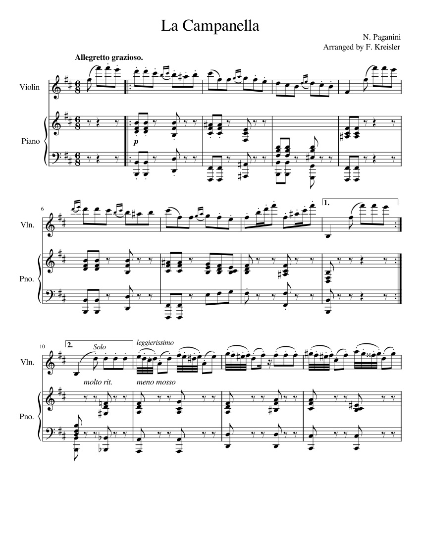 La Campanella, Op. 7 (Arr. Kreisler) Sheet Music for Piano, Violin (Solo) | MuseScore.com