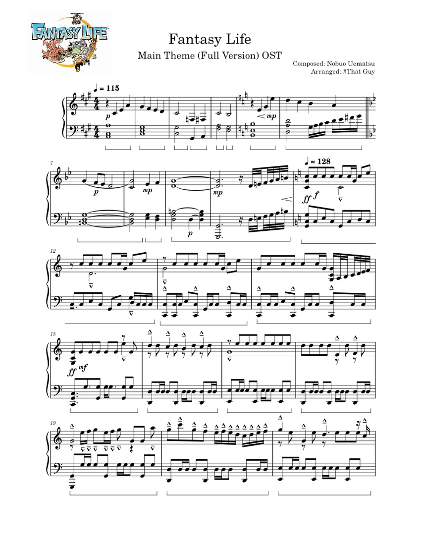 Fantasy Life - Main Theme (Full Version) OST Sheet music for Piano ...