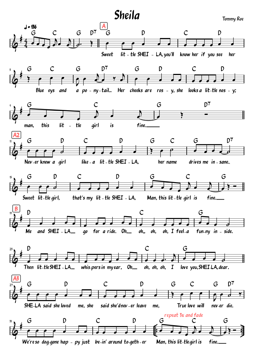 Sheila (Lead sheet with lyrics and accompaniment ) Sheet Music with ...