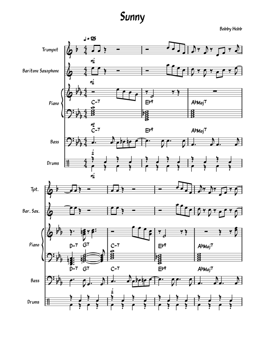 Sunny Sheet music for Piano, Saxophone baritone, Trumpet in b-flat ...