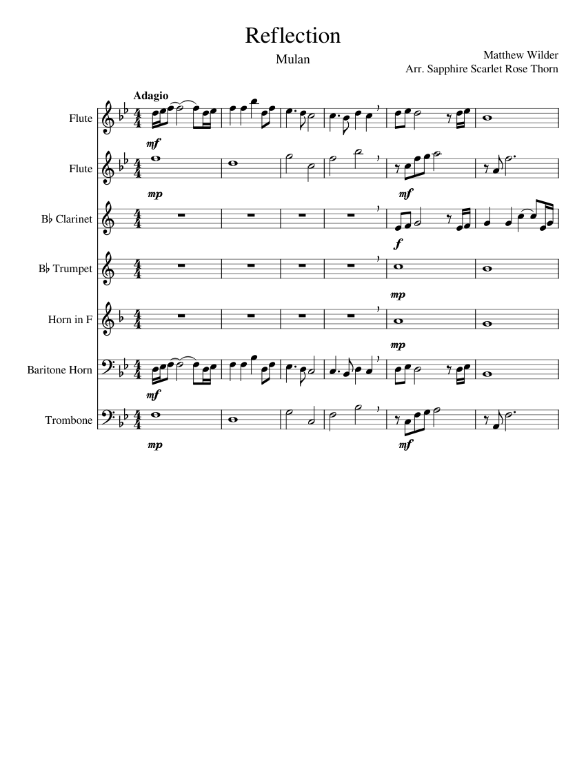 Reflection Sheet music for Trombone, Flute, Clarinet in b-flat, Trumpet ...