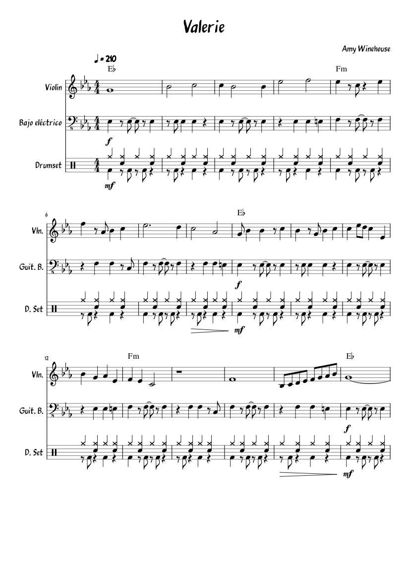 Valerie – Amy Winehouse Sheet Music with Chords for Violin, Bass guitar ...