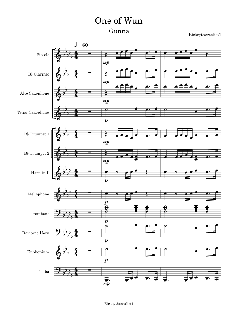 Gunna "Wun of One" Band Arrangement Sheet Music for Trombone, Euphonium, Tuba, Mellophone & more ...