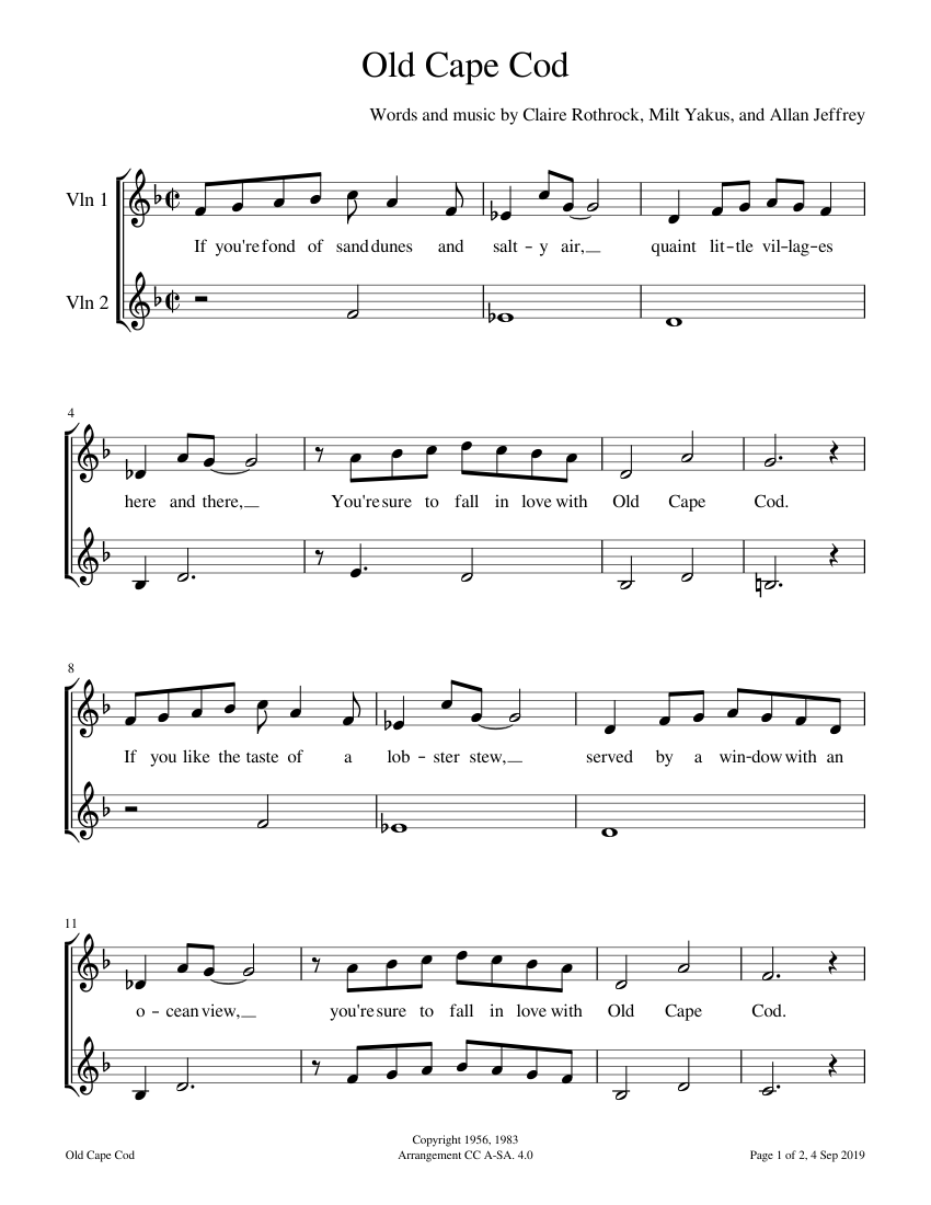 Old Cape Cod Sheet music for Violin (String Duet) | Musescore.com