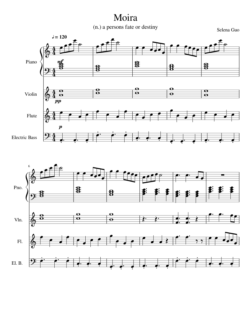 moria Sheet music for Piano, Flute, Violin, Bass guitar (Mixed Quartet ...
