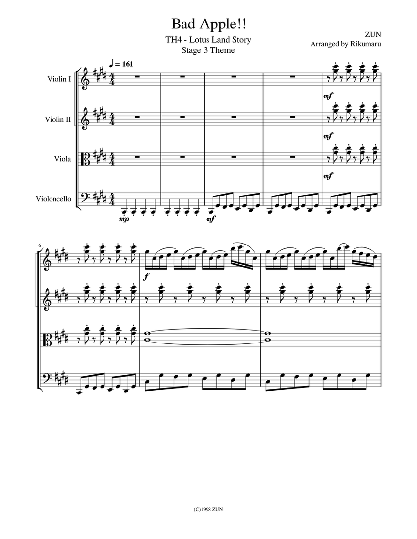 Bad Apple!! – ZUN String Quartet Arrangement Sheet music for Violin ...