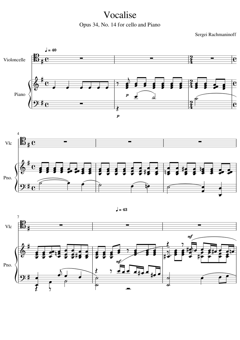 Vocalise Op.34 - No.14 - Sergei Rachmaninoff Sheet Music for Piano ...