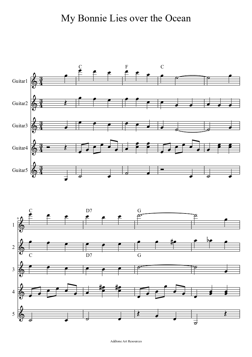 My Bonnie Lies over the Ocean Sheet Music for Guitar (Mixed Quintet ...