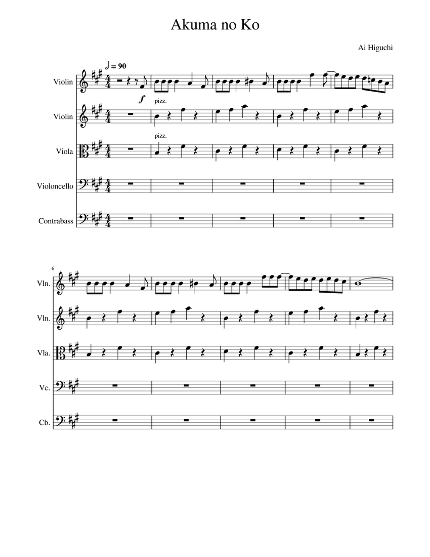 Akuma no Ko Sheet music for Contrabass, Violin, Viola, Cello (String ...