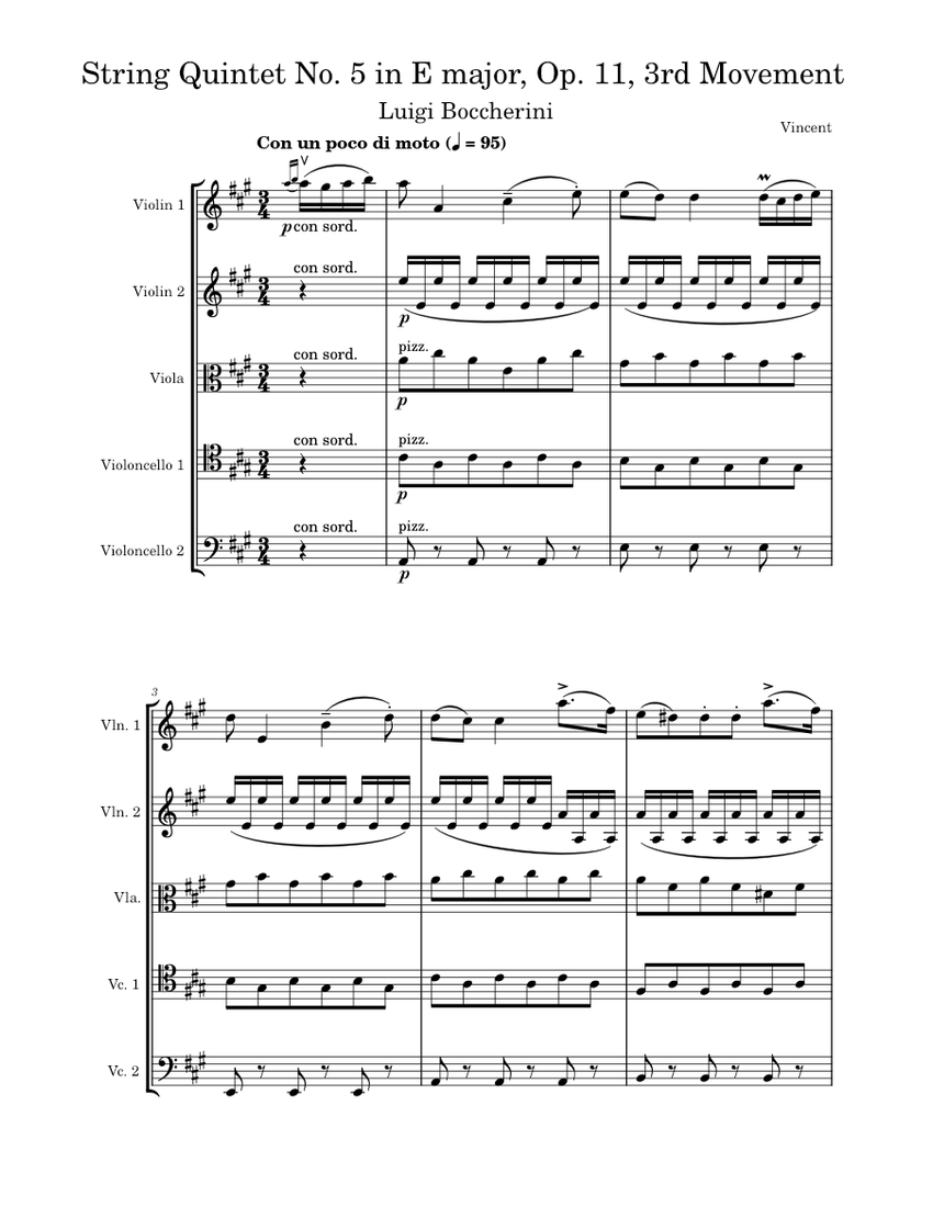 Boccherini - Minuet from Quintet No. 5 in A Major, Op. 11 Sheet music for Violin, Viola, Cello ...