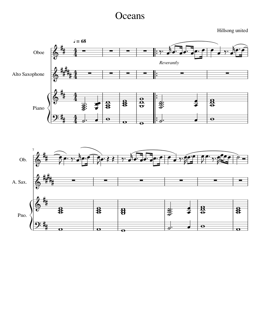 Oceans Sheet music for Piano, Oboe, Saxophone alto (Mixed Trio ...