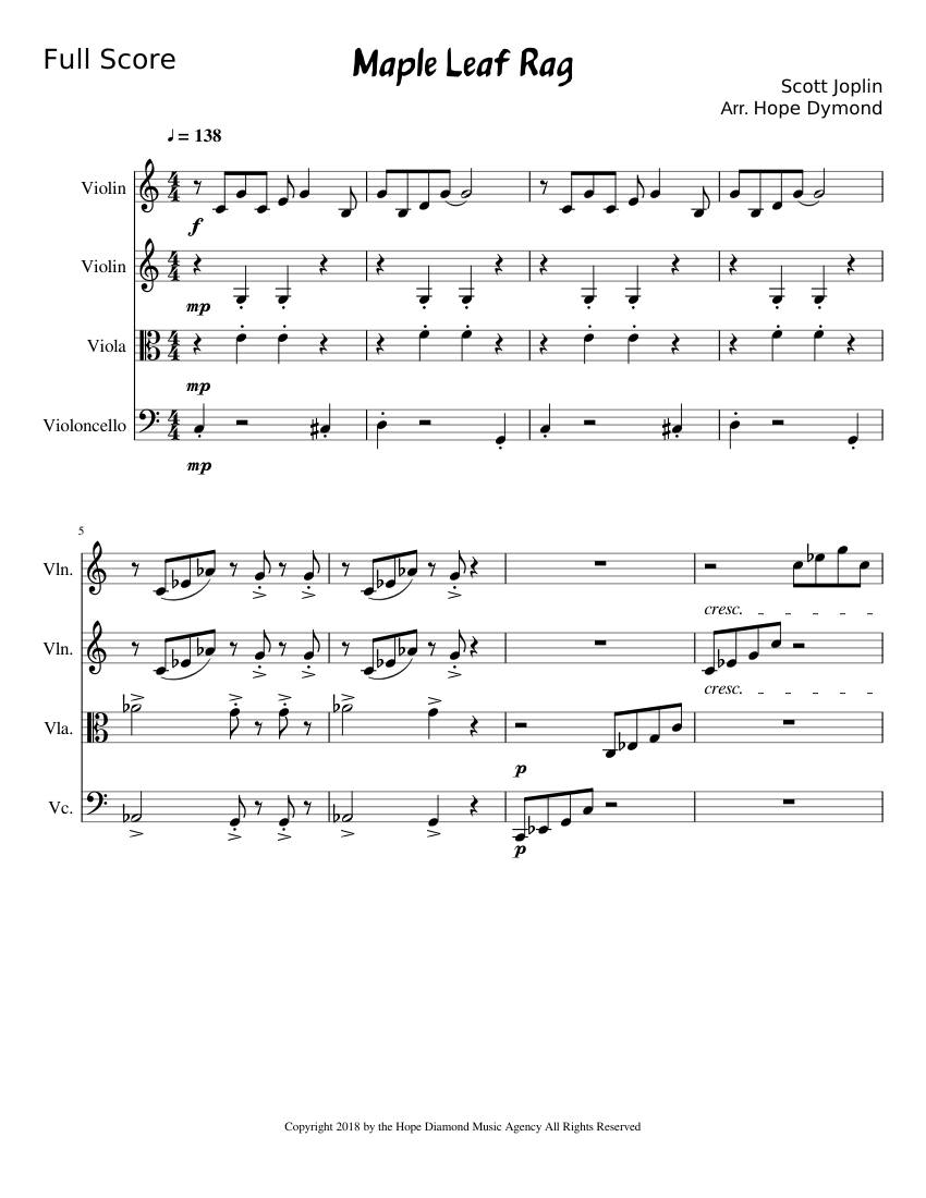 Maple Leaf Rag Full Score Sheet music for Violin, Viola, Cello (String ...