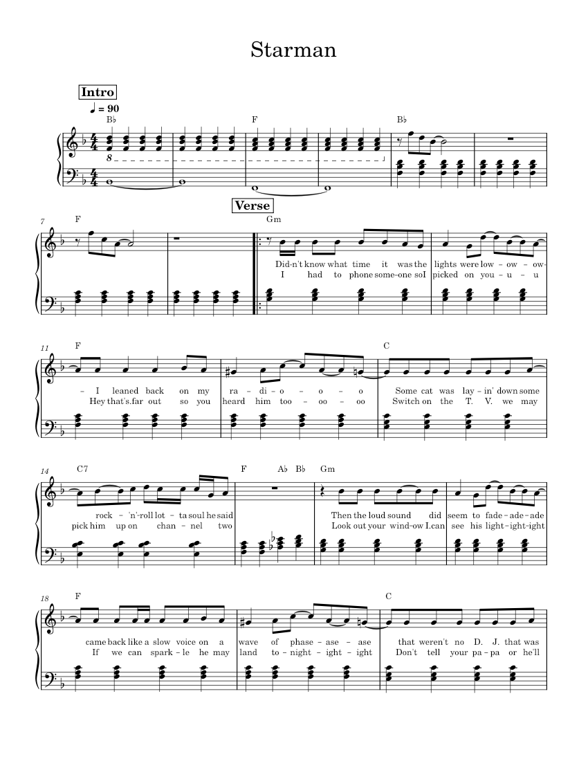 Starman - David Bowie Sheet Music with Chords for Piano (Solo) Easy ...