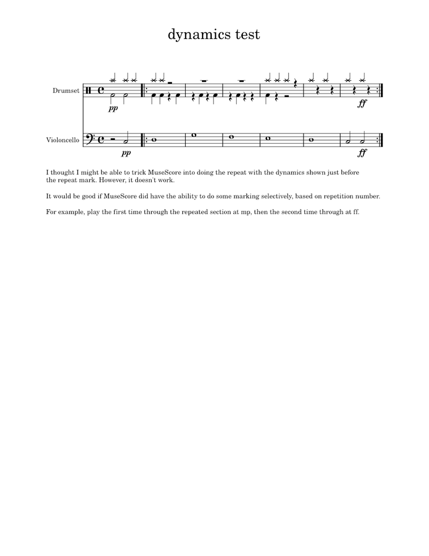 dynamics test Sheet music for Cello, Drum group (Mixed Duet ...