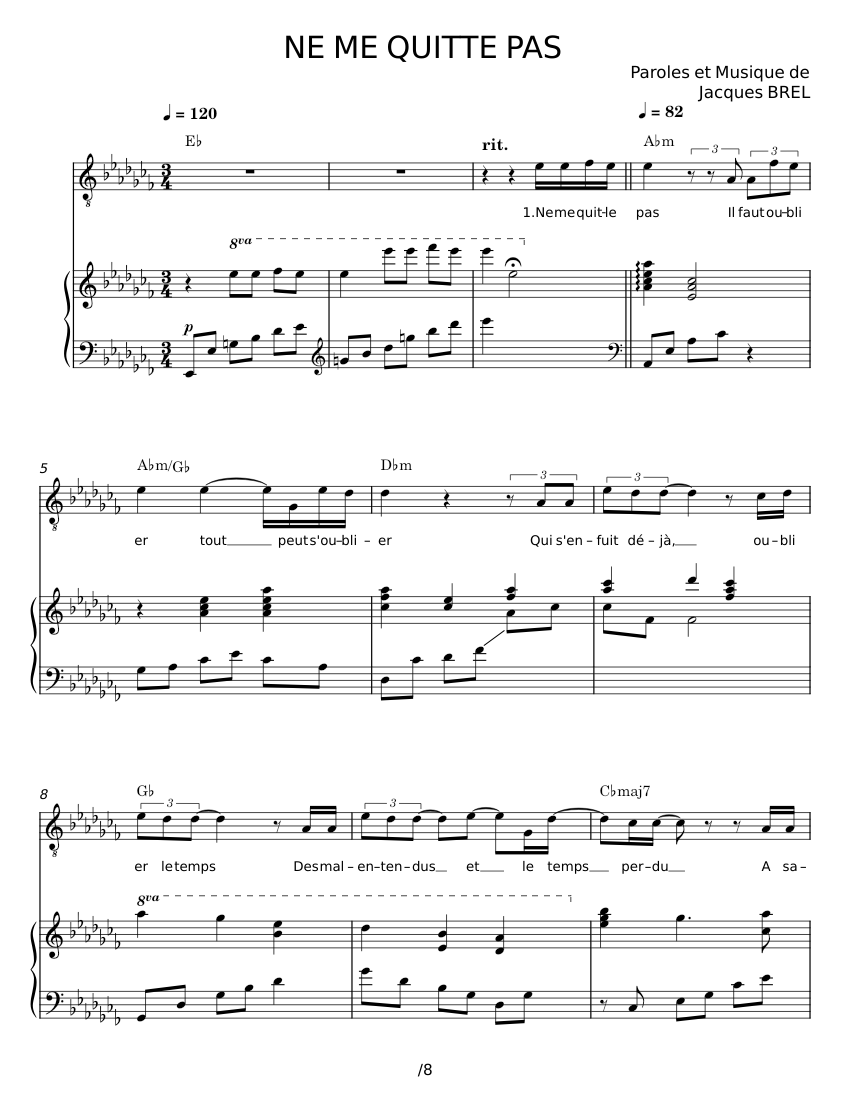 Ne me quitte pas - Jacques Brel Sheet Music for Piano, Synthesizer ...