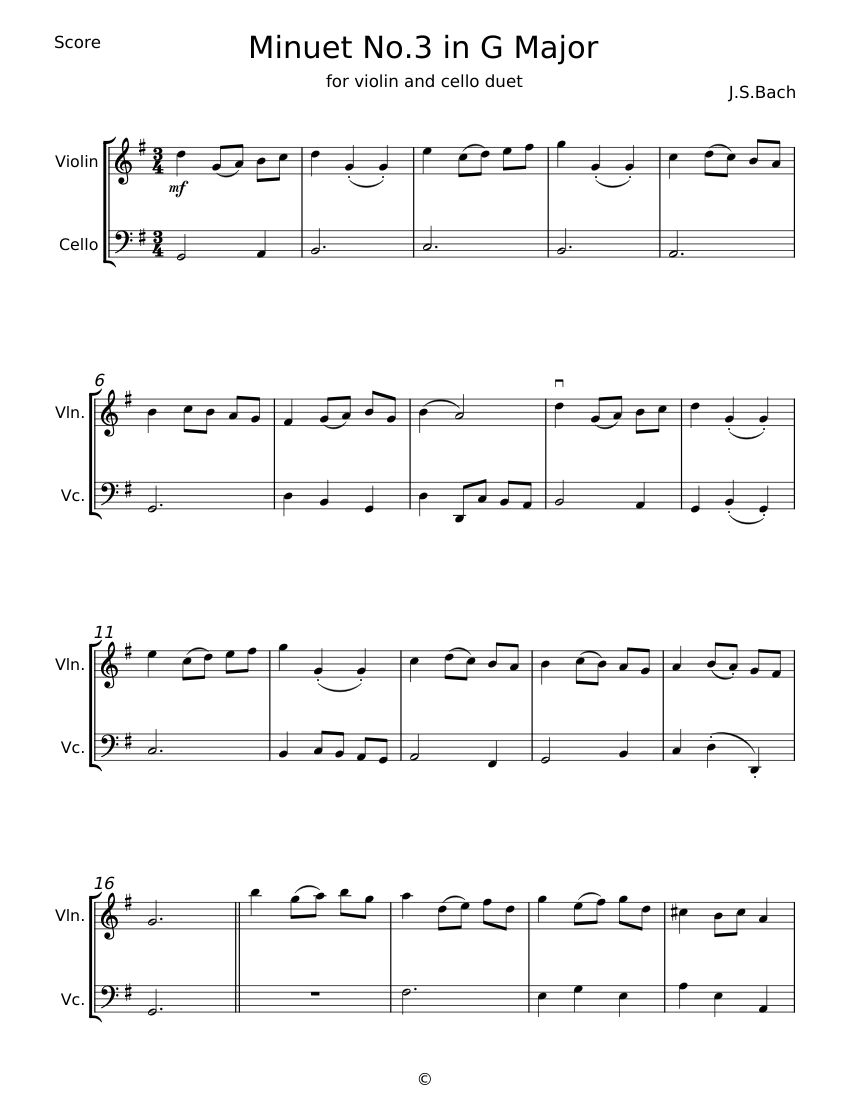 Minuet No.3 in G Major - Johann Sebastian Bach Sheet music for Violin, Cello (String Duet ...