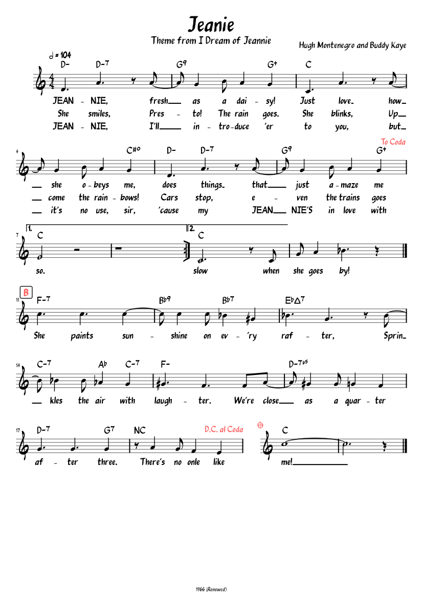Jeanie TV Theme (Lead sheet with lyrics ) Sheet music for Piano (Solo ...