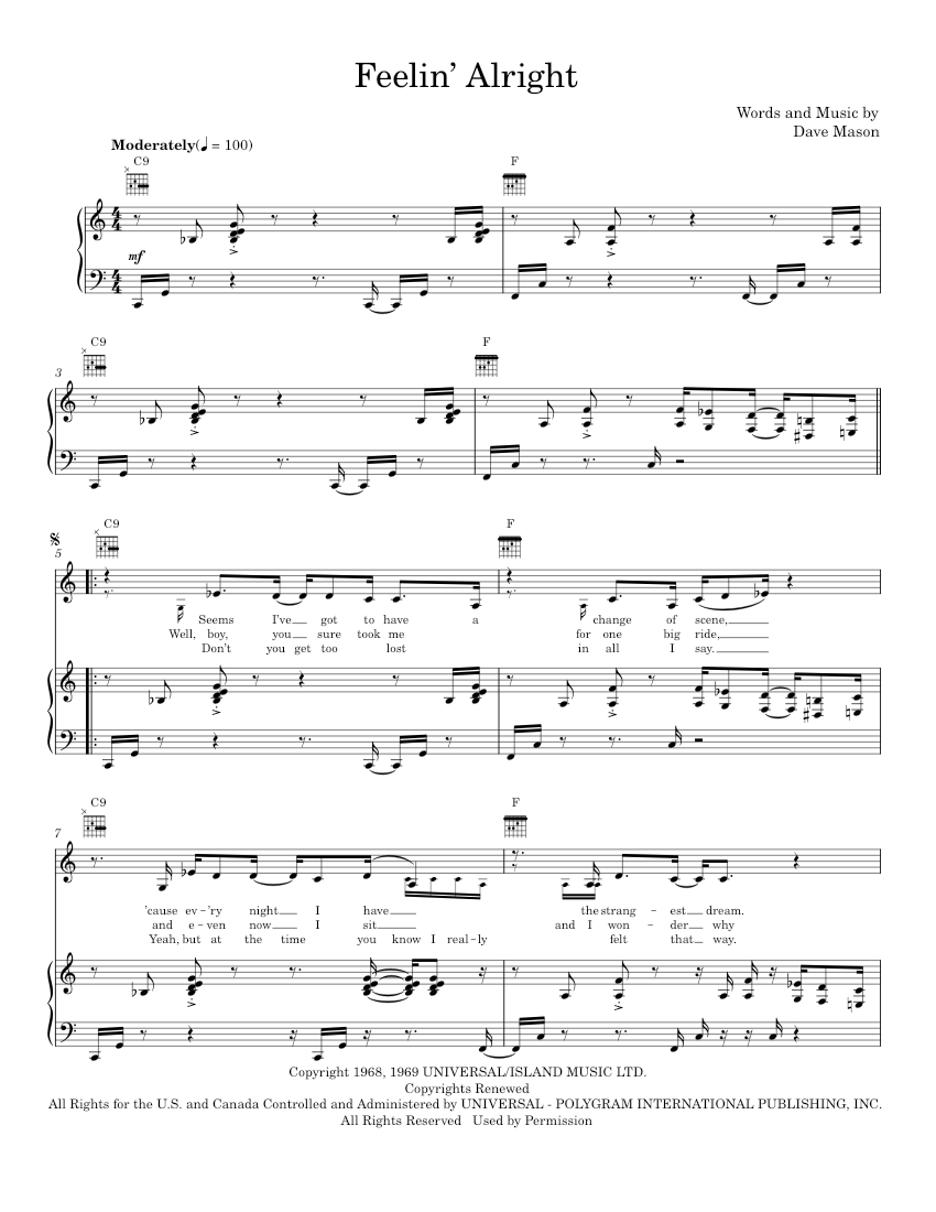 Feelin' Alright Sheet music for Piano, Vocals by Traffic Joe Cocker Official | MuseScore.com