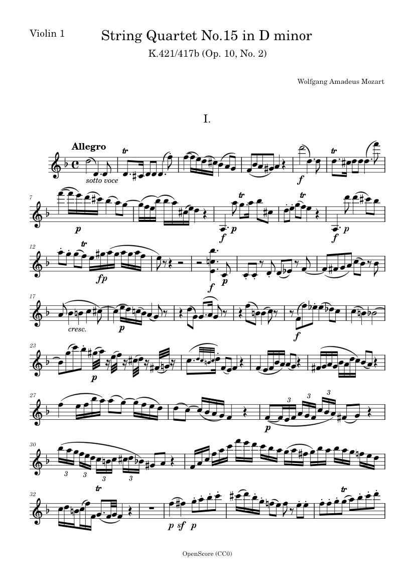 Mozart, Wolfgang Amadeus, String Quartet No.15 in D Minor, K421/417b, (Op.10, No.2) - Violin 1 ...