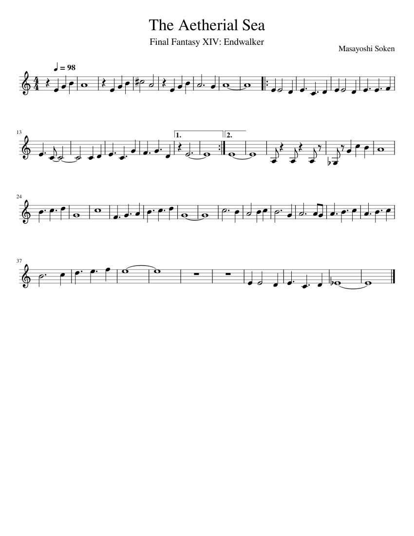 The Aetherial Sea – Masayoshi Soken (Final Fantasy XIV) Sheet music for ...