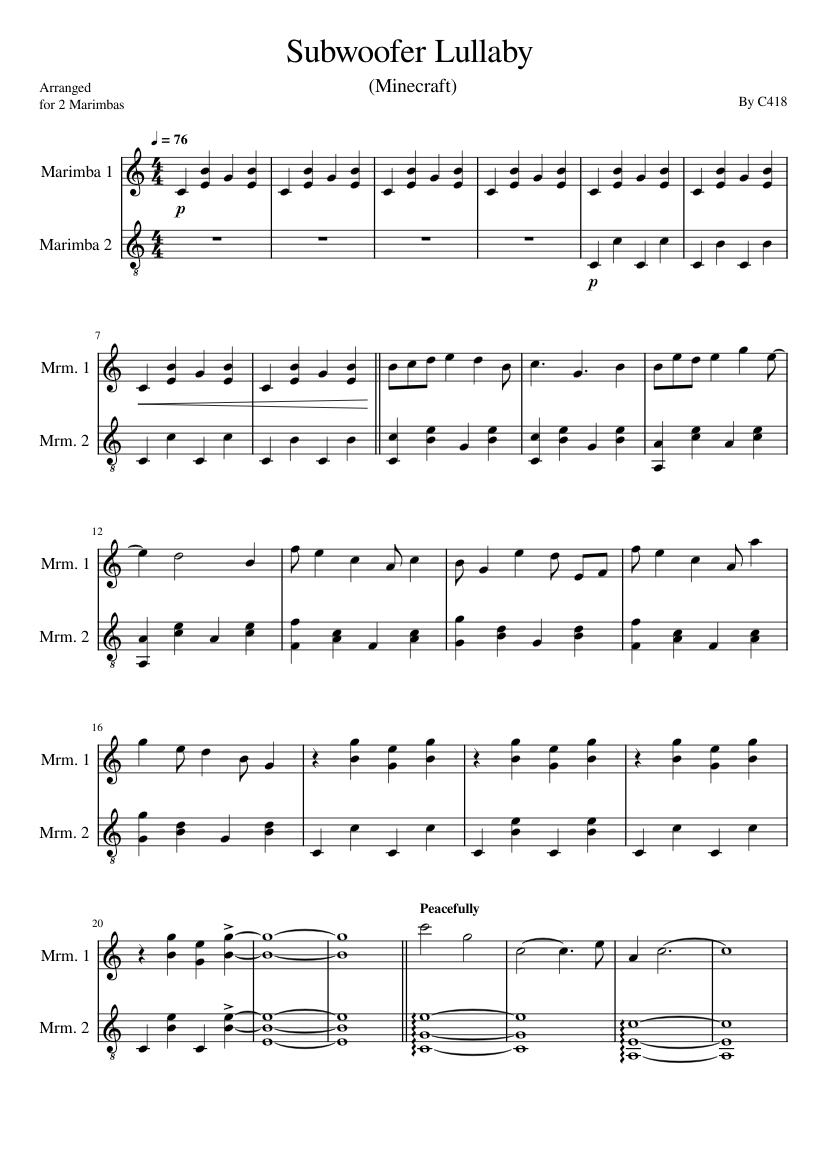 Subwoofer Lullaby - Minecraft Sheet music for Marimba (Percussion Duet ...
