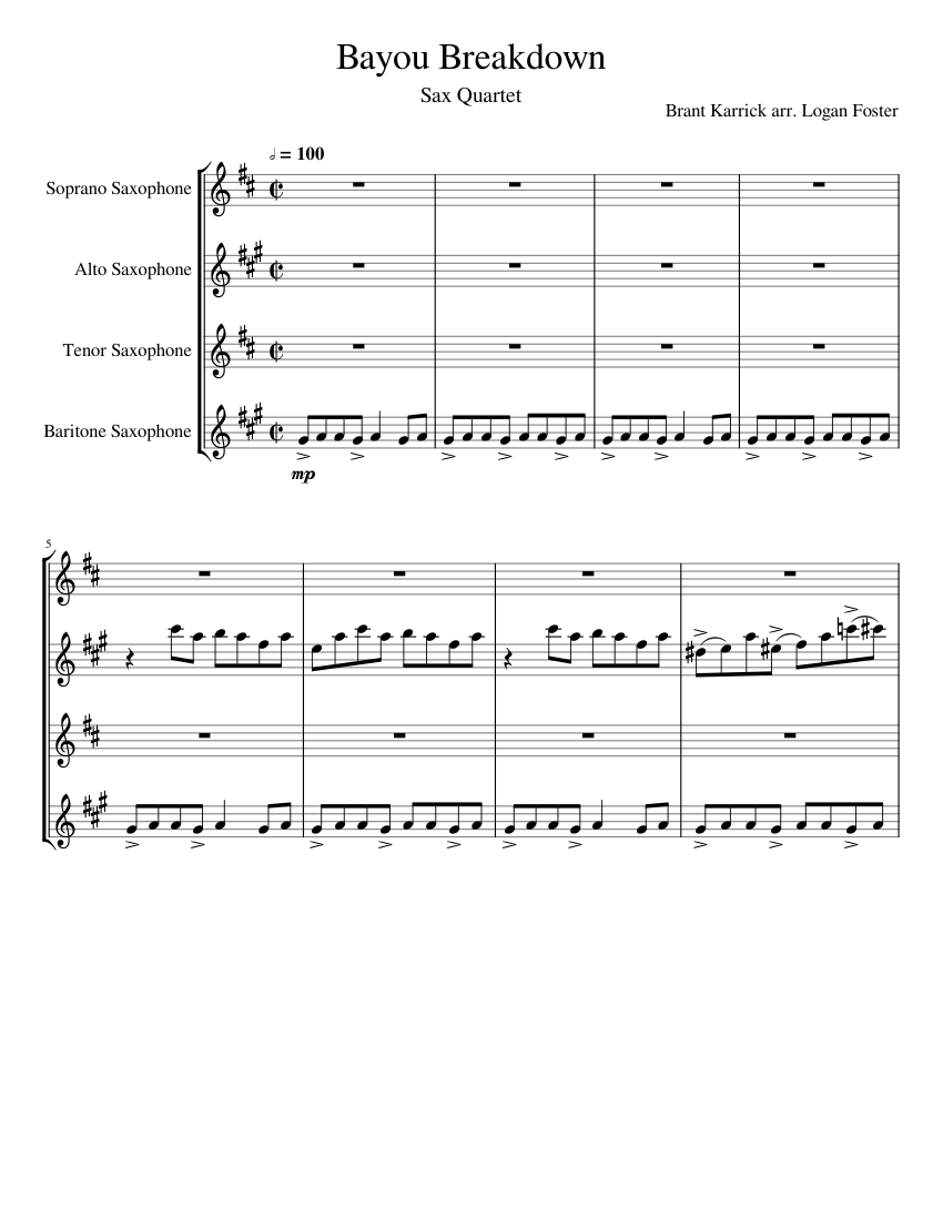 Bayou Breakdown For Sax Quartet Sheet music for Saxophone alto, Saxophone tenor, Saxophone ...