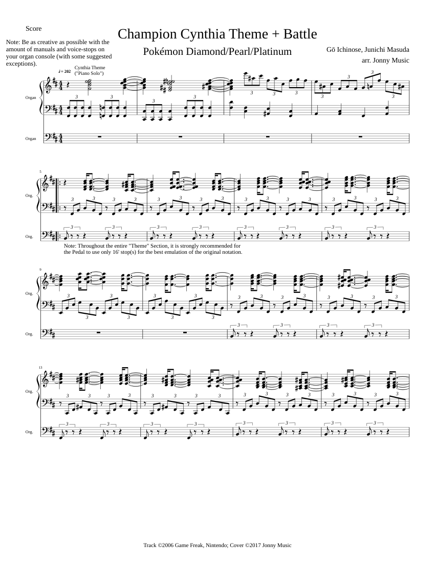 Champion Cynthia Theme + Battle Organ Cover Sheet music for Organ (Solo ...