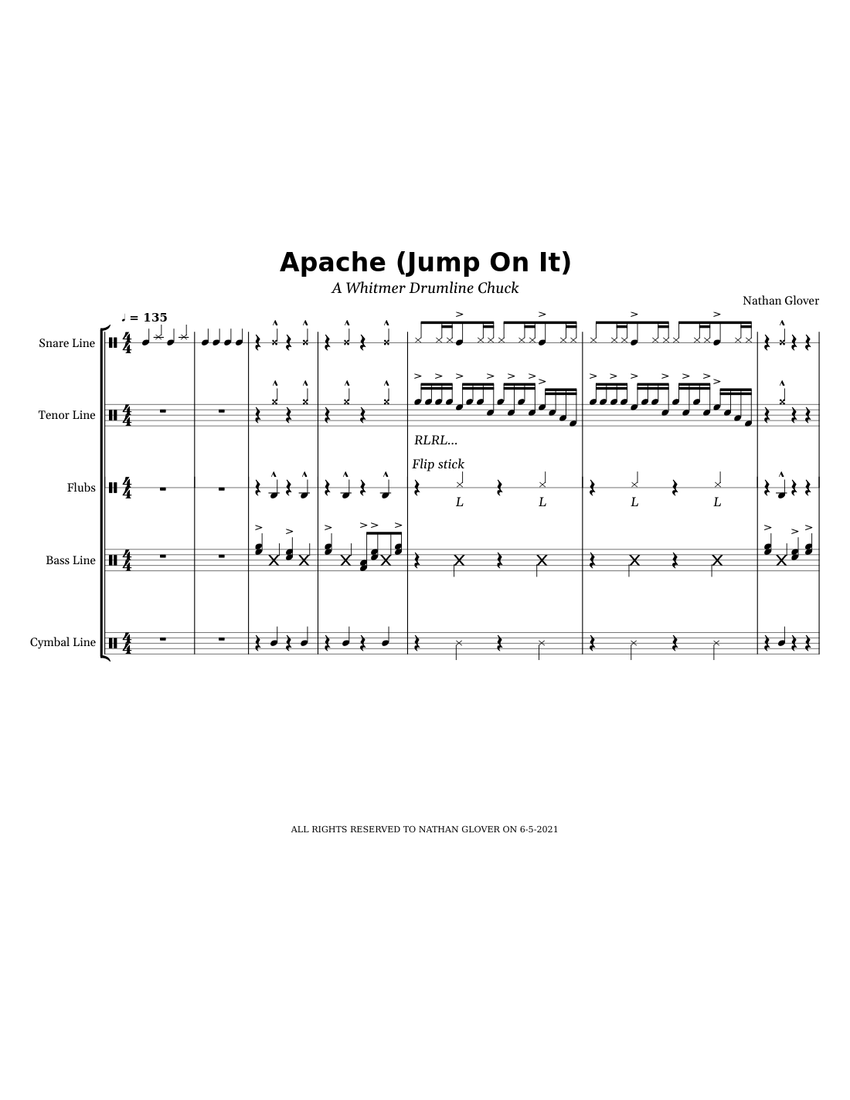 Apache_(Jump_On_It) Sheet music for Snare drum, Crash, Tenor drum, Bass ...