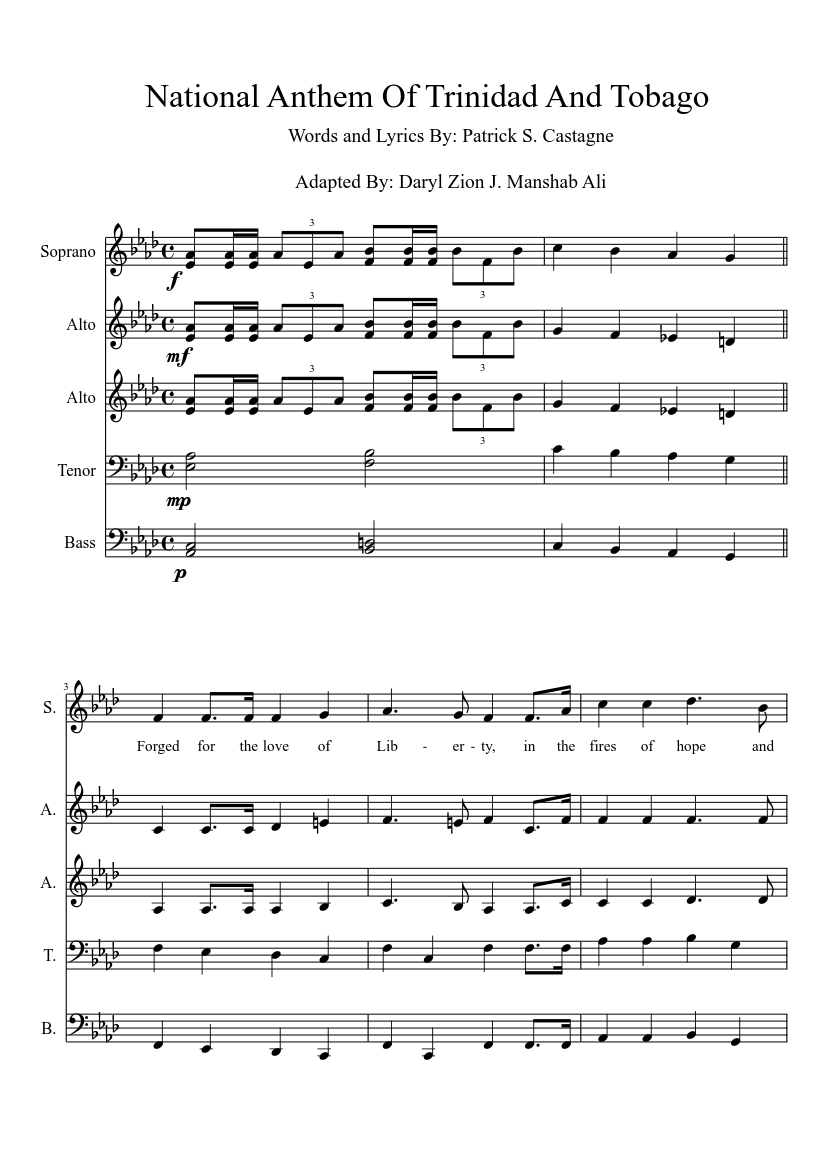 National Anthe Of Trinidad & Tobago Sheet music for Bass guitar (Solo ...