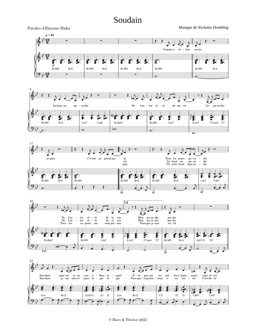 Soudain – Étienne Daho Sheet music for Piano, Vocals (Piano-Voice ...