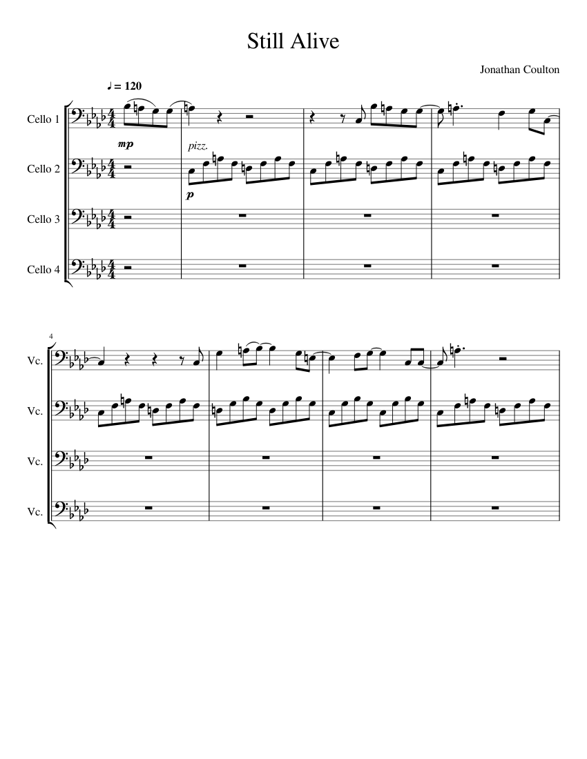 Portal: Still Alive, for Cello Quartet Sheet Music for Cello (Mixed ...