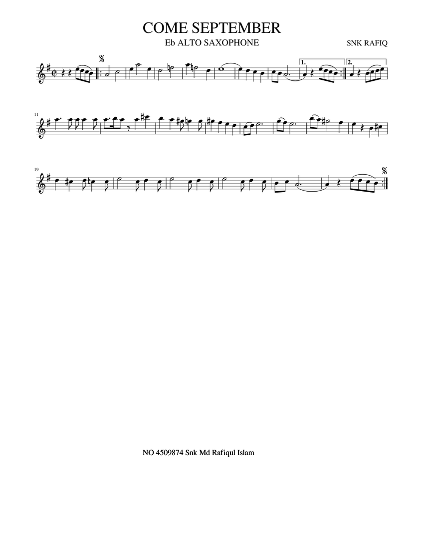 COME SEPTEMBER !! EB ALTO SAXOPHOONE Sheet music for Piano (Marching ...