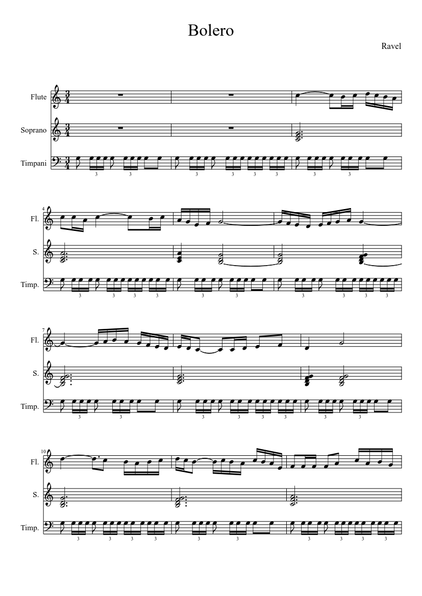 Bolero di Ravel Sheet Music for Flute, Timpani, Voice (other) (Mixed ...