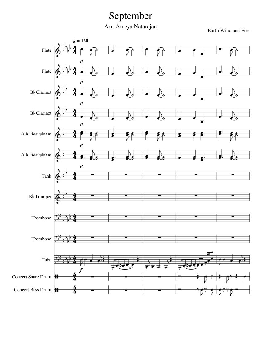 September Sheet music for Trombone, Tuba, Flute, Clarinet in b-flat ...