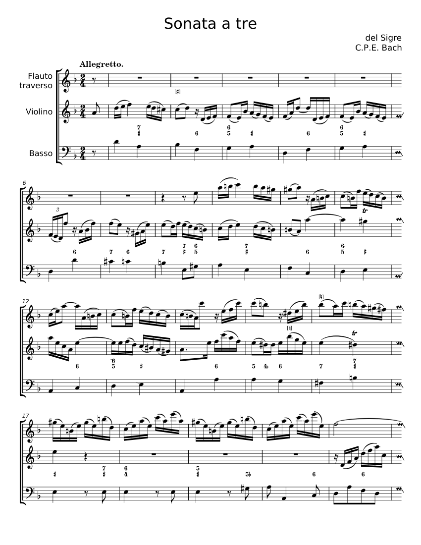 Trio Sonata in D minor, H.569 - Carl Philipp Emanuel Bach Sheet Music for Piano, Flute, Violin ...