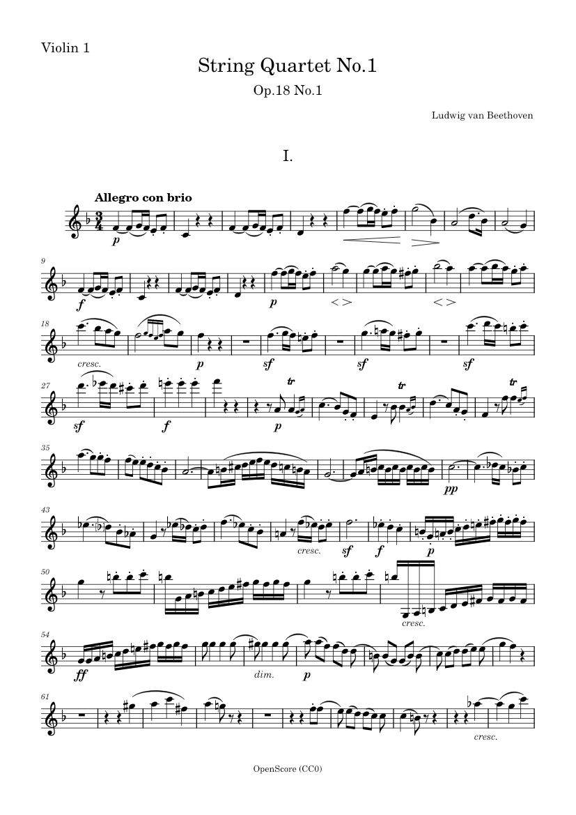 String Quartet No.1, Op.18 No.1 – Ludwig van Beethoven - Violin 1 PART Sheet music for Violin ...