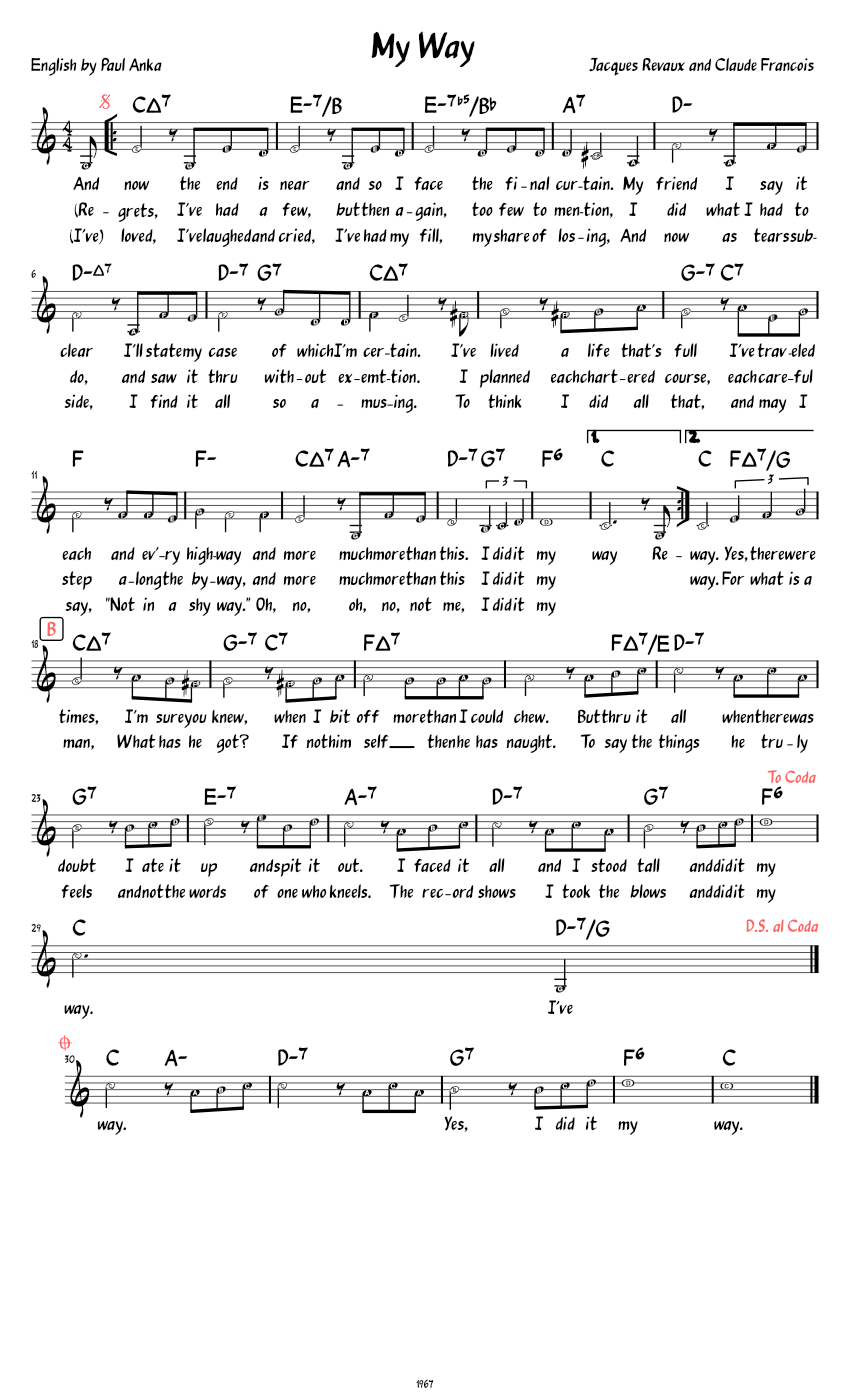 My Way Frank Sinatra My Way Lead Sheet With Lyrics Sheet Music For My Way Frank Sinatra My Way Lead Sheet With Lyrics Sheet Music For