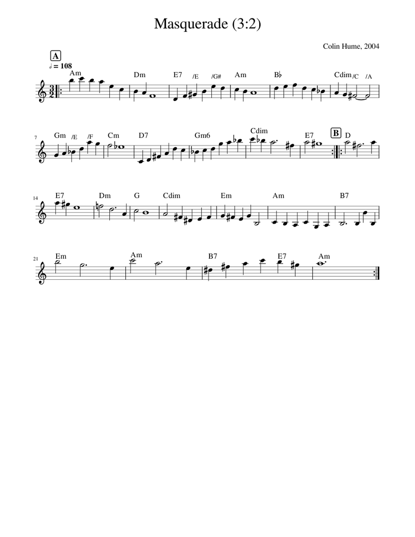 Colin Hume - Masquerade (3:2) Sheet music for Piano (Solo) | Musescore.com