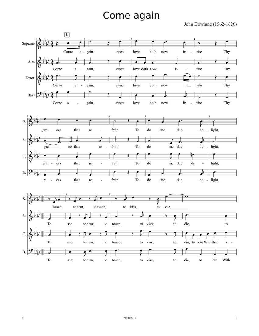 Come again Sheet music for Bass guitar (SATB) | Musescore.com