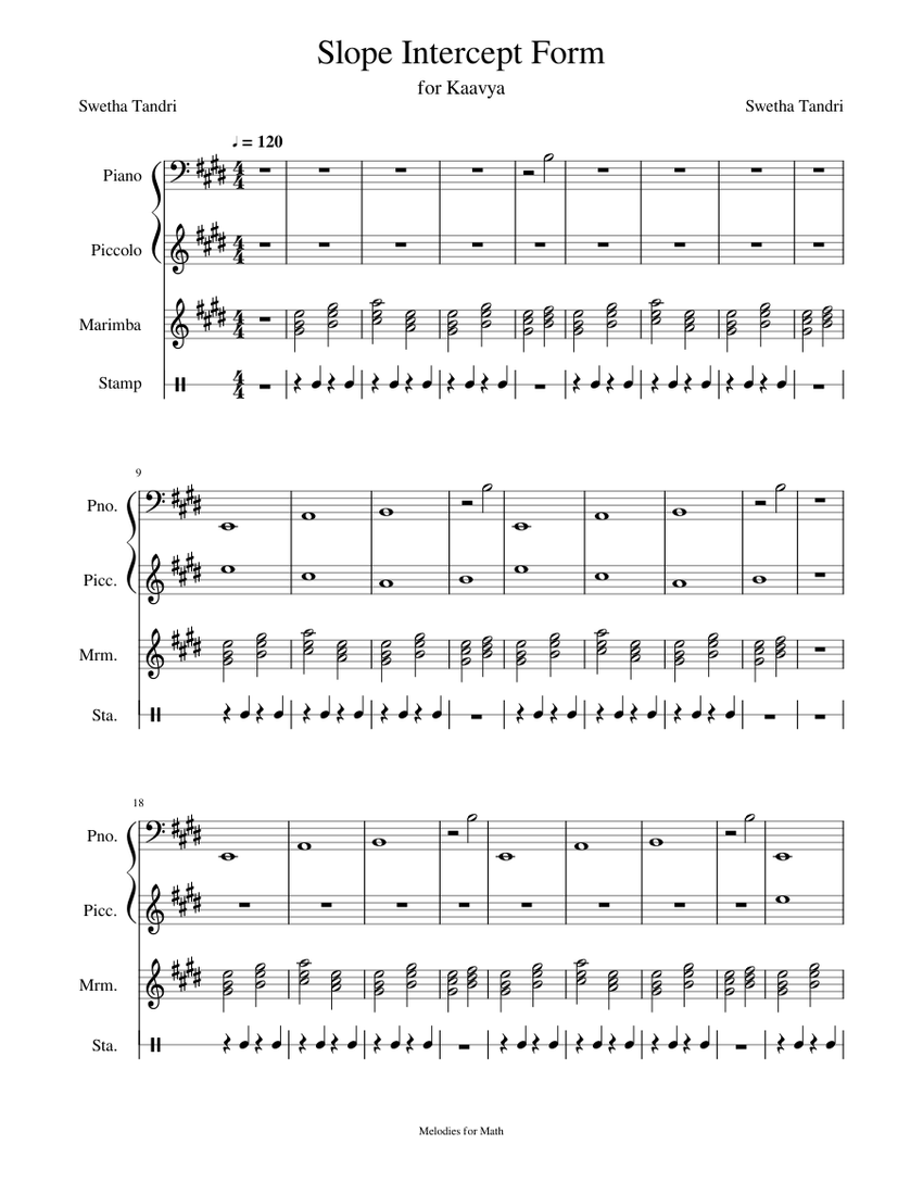 Slope Intercept Form Sheet music for Piano, Flute piccolo, Marimba ...