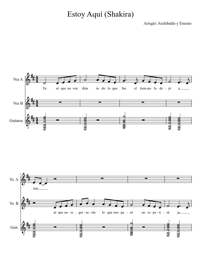 Estoy Aquí (Shakira) Sheet music for Vocals, Guitar (Mixed Trio ...