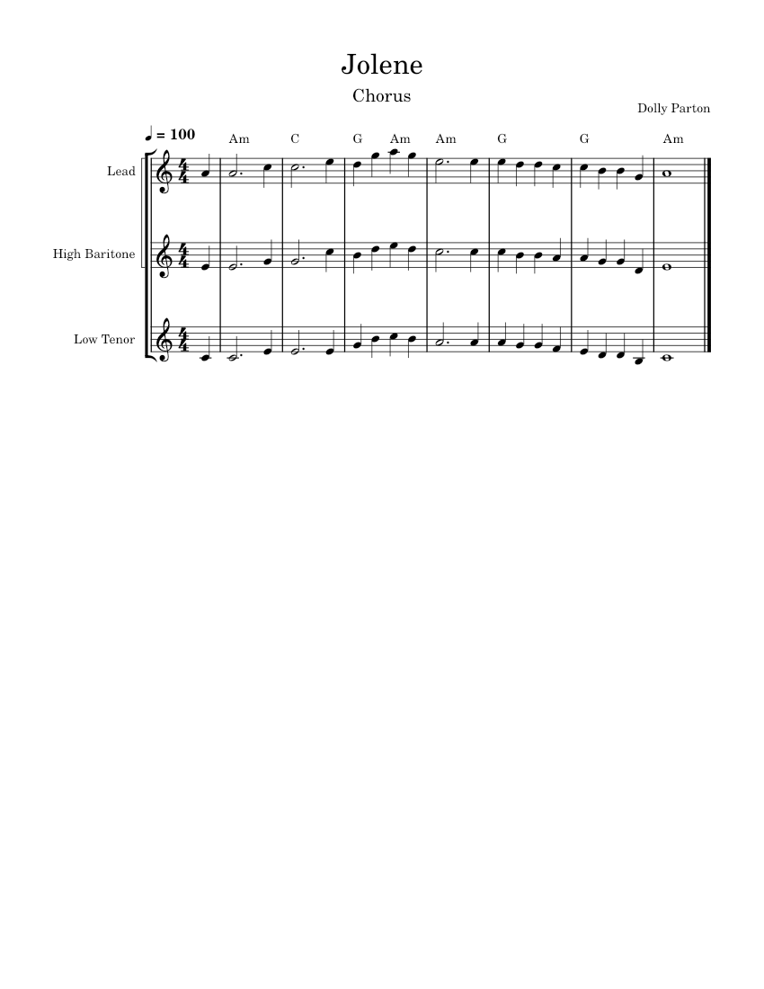 Jolene - Chorus Sheet Music for Violin, Viola (A Capella) | MuseScore.com